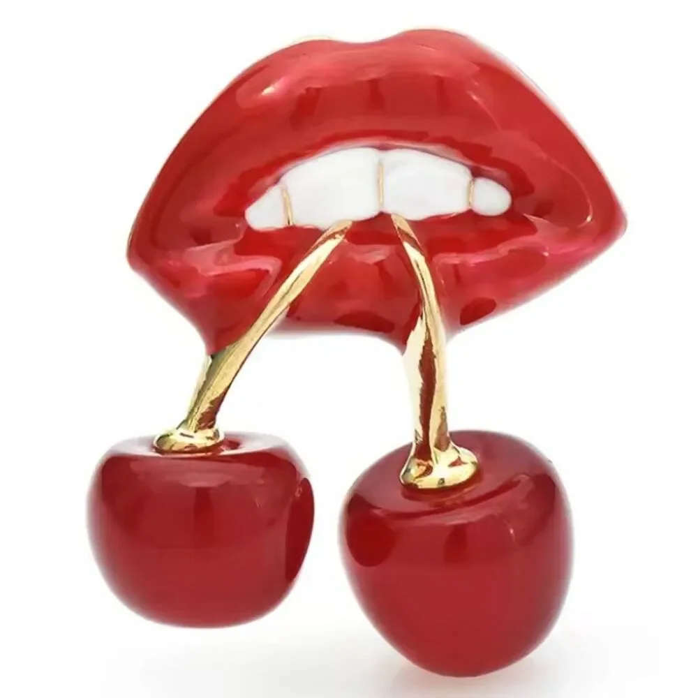 Boutique | Jewelry | Red Lips And Cherries Brooch Enameled Mouth Opaque ...